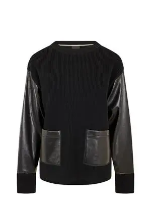 Hugo Boss Crewneck Sweater With Contrasting Faux Leather Sleeves - Black