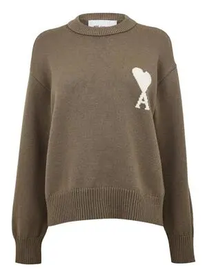 AMI Paris Crew Neck Jumper With Logo Detail - Brown