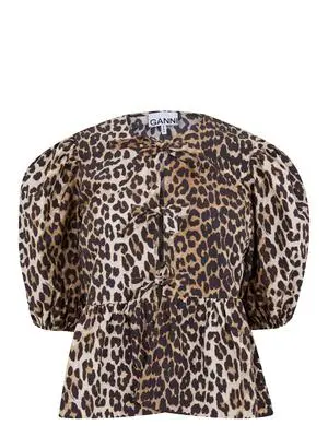 GANNI Ganni Cotton Poplin Peplum Tie Blouse - Leopard Print Black