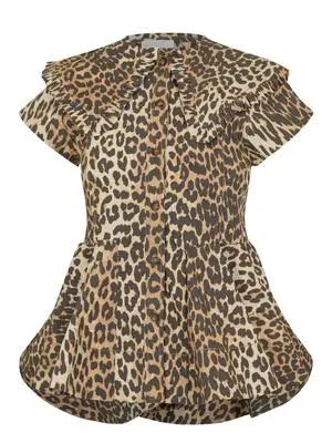 GANNI Ganni Leopard Print Short Sleeve Peplum Blouse
