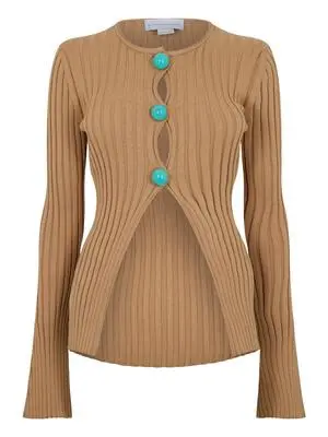 Stella McCartney Stella McCartney Ribbed Knit Cardigan With Turquoise Button Detail Brown