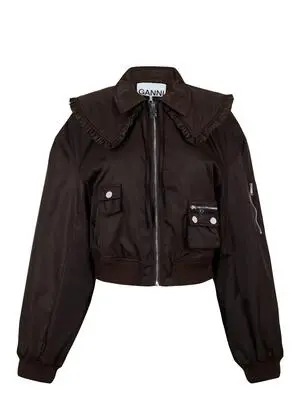 GANNI Cropped Bomber Jacket With Ruffled Collar - Black