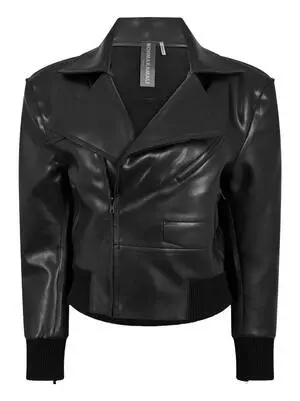 Norma Kamali Logo Leather Moto Bomber Jacket - Black