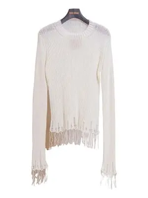 UMA WANG Ribbed Knit Long Sleeve Top With Distressed Fringe - White