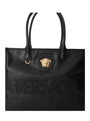 Versace Leather Tote Bag With Medusa Emblem - Black