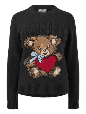 GANNI Teddy Bear Intarsia Knit Crewneck Sweater - Black