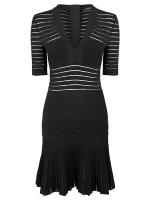 Balmain Balmain Ribbed Knit V-Neck Dress With Pleated Skirt Black