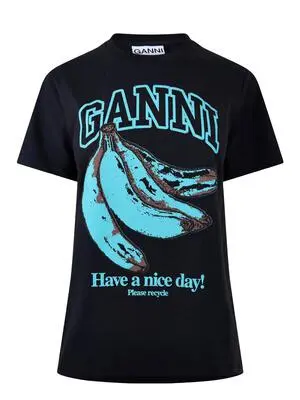 GANNI Ganni Banana Print Round-Neck Short-Sleeve T-Shirt Black