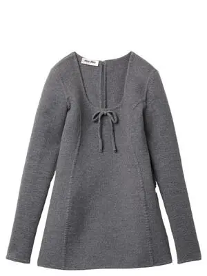 Miu Miu Double-layer Wool Dress With Bow Neckline - Grey