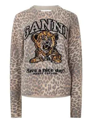 GANNI Leopard Print Tiger Graphic Crew Neck Sweater - Brown