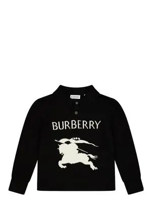 Burberry Long Sleeve Polo Shirt With Equestrian Knight Design - Black