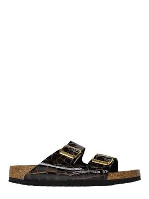 BIRKENSTOCK Glossy Crocodile-effect Slide Sandals With Metal Buckles - Black
