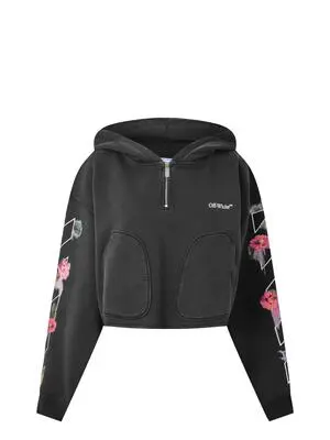 OFF-WHITE Off-White Cropped Half-Zip Hoodie With Floral Geometric Sleeve Detail