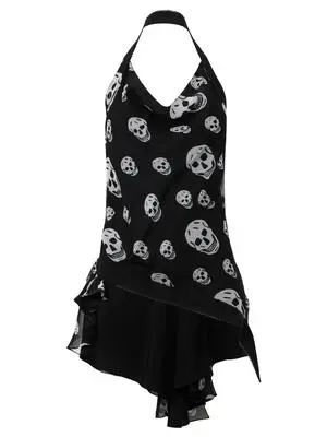 Alexander McQueen Skull Print Asymmetrical Halterneck Dress - Black