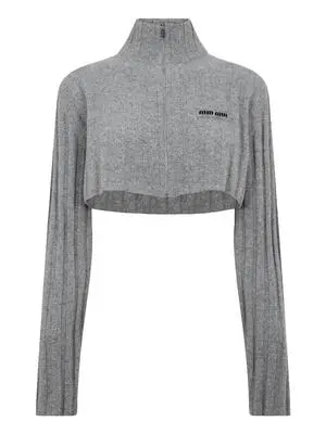 MIU MIU Miu Miu Cropped Ribbed Knit Cardigan With Mock Neck And Half-Zip
