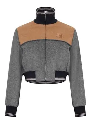 Miu Miu Miu Miu Two-Tone Cropped Zip-Up Jacket With Striped Trim Gray