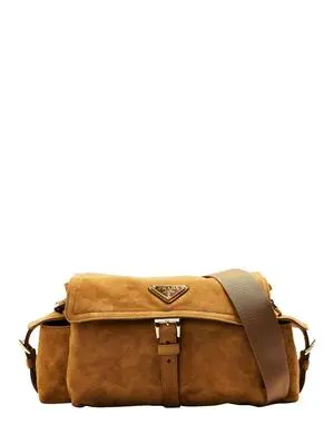 Prada Medium Suede Shoulder Bag With Flap - Brown