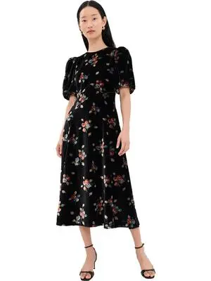 Sea Leda Velvet Puff Sleeve Midi Dress - Black