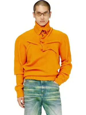 DIESEL® Button-neck Jumper In Wrinkled Boiled Knit - Orange