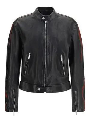 Gucci Leather Bomber Jacket With Web Trim - Black