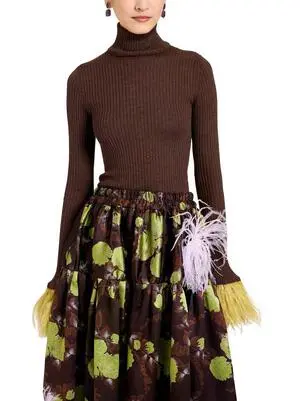 La DoubleJ La DoubleJ Ribbed Silk Cashmere High Neck Top With Feather Trim Brown