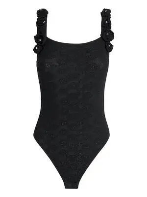 Sandro Knitted Bodysuit With Floral Appliqués - Black