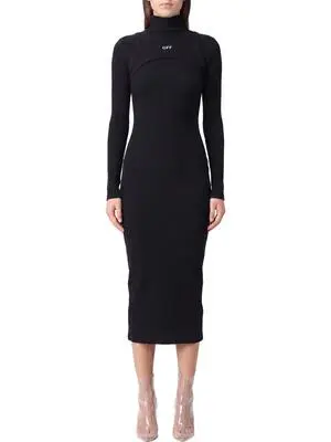 Off-White Cotton Knit Sheath Midi Dress - Black
