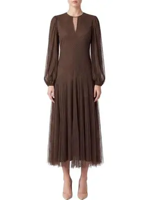 TWINSET Pleated Tulle Midi Dress - Brown