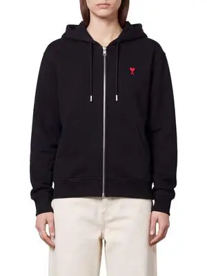 AMI Paris Cotton Zip-up Hoodie With Embroidered Logo - Black