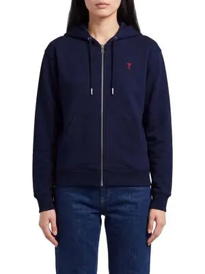 AMI Paris Cotton Zip-up Hoodie With Embroidered Logo - Blue