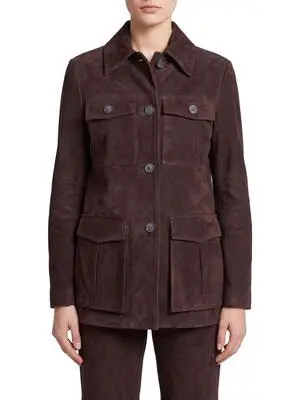 SEMICOUTURE Cropped Suede Leather Shirt Jacket With Patch Pockets - Brown