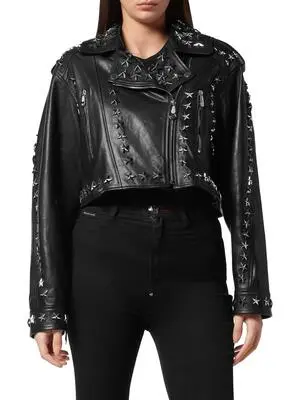 Philipp Plein Cropped Leather Biker Jacket With Studs And Stars - Black