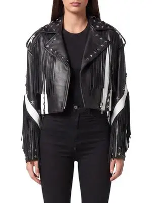 Philipp Plein Leather Biker Jacket With Fringes And Studs - Black