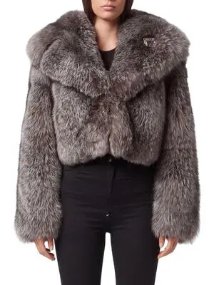 Philipp Plein Cropped Fox Fur Jacket With Crystal Embellishments - Grey