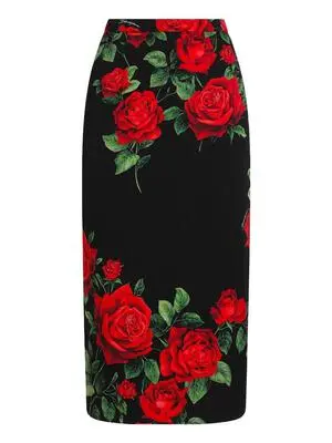 DOLCE & GABBANA Dolce & Gabbana Black Silk Rose Print Midi Skirt