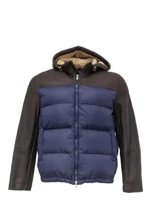 Brunello Cucinelli Down Jacket With Drawstring Hood And Leather Sleeves - Black