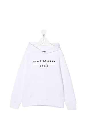 Balmain Logo Print Cotton Hoodie - White