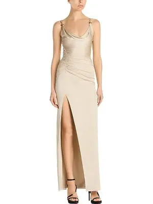 Versace Cowl Neck Ruched Gown - Mastic