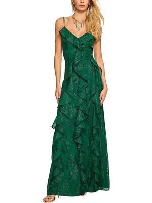 Ramy Brook Penelope V Neck Ruffled Gown - Deep Emerald