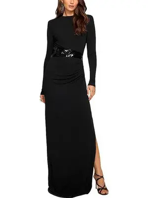 Ramy Brook Samantha Sequin Waist Long Sleeve Gown - Black