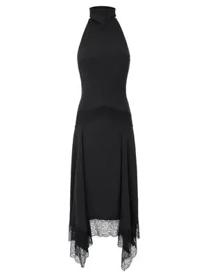 Andamane Halter Neck Lace Trim Midi Dress - Black