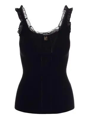 Elisabetta Franchi Lace Trim Ribbed Knit Tank Top - Nero