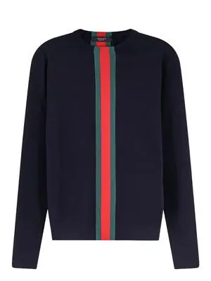 Gucci Web Intarsia Crewneck Sweater, Long Sleeve Regular Fit - Blu