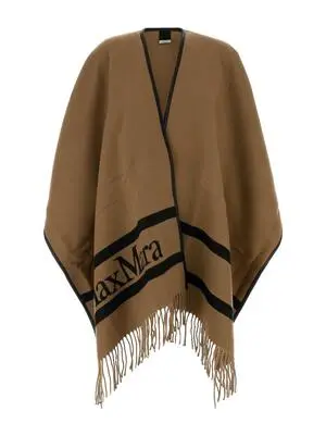 Max Mara Logo Wool Cape With Fringed Hem - Camel