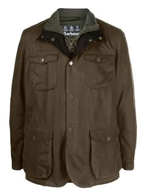 Barbour BARBOUR Waxed Cotton/Wool Blend Embroidered Logo Stand-Up Collar Coat Green