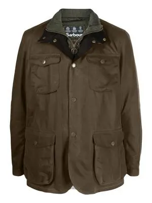 Barbour BARBOUR Waxed Cotton/Wool Blend Embroidered Logo Stand-Up Collar Coat Green