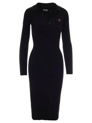 Elisabetta Franchi Ribbed Knit Long Sleeve Polo Midi Dress - Nero