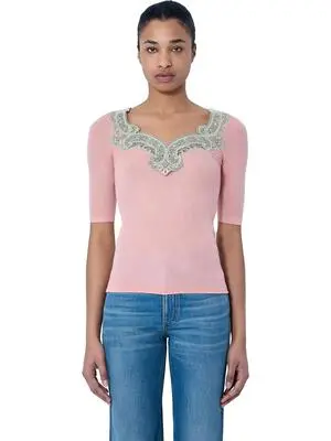 Chloé Embroidered Neckline Ribbed Knit Top - Pink