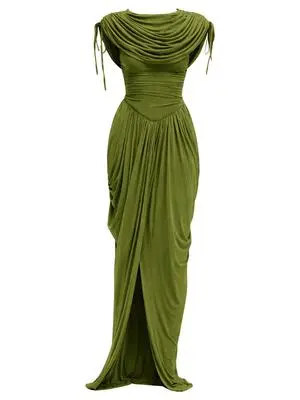 ANDREA IYAMAH Andrea Iyamah Katu Gathered Mesh Drop-Waist Cape Maxi Dress