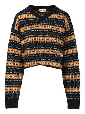 Miu Miu Miu Miu Wool Jacquard Knit V-Neck Cropped Sweater Blue